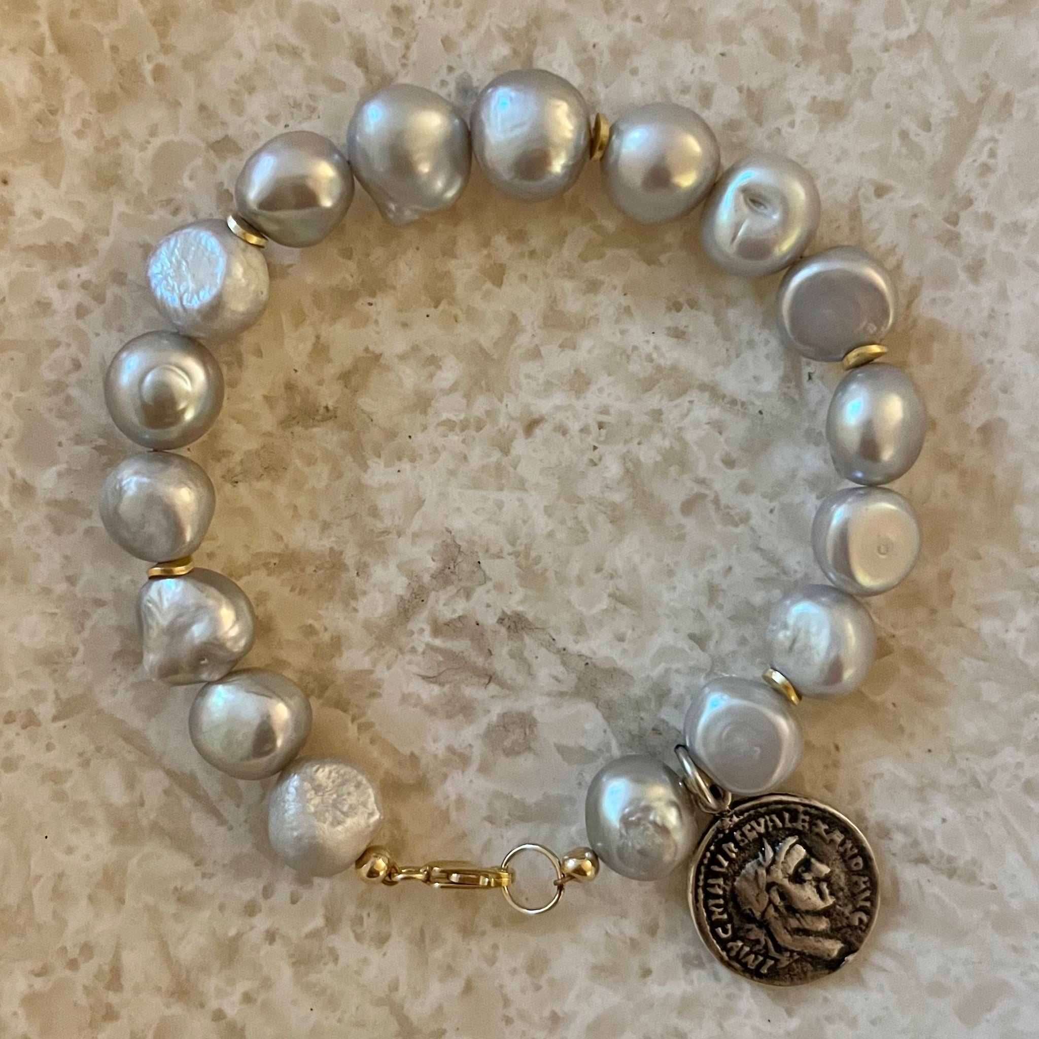 Platina Pearl Sterling Silver Coin Charm Bracelet